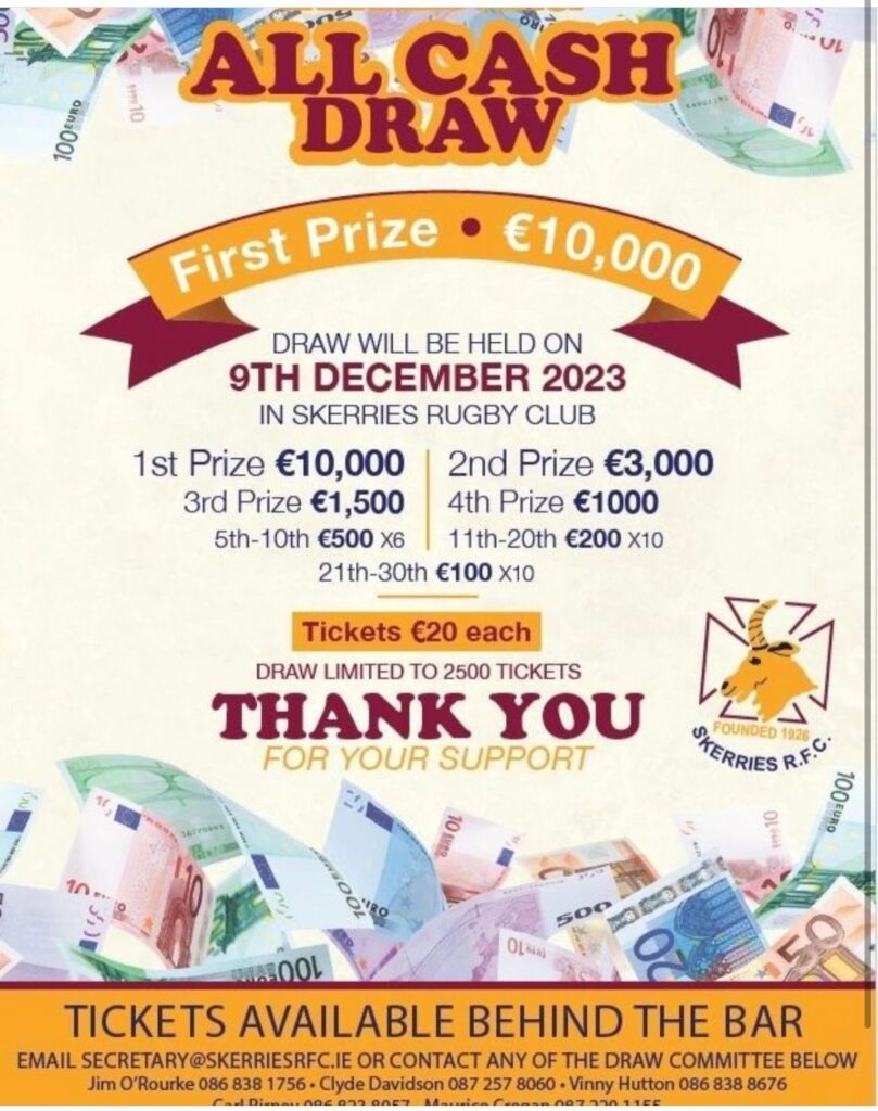 2023 All-Cash Draw – Online Purchase Available – Skerries Rugby Club
